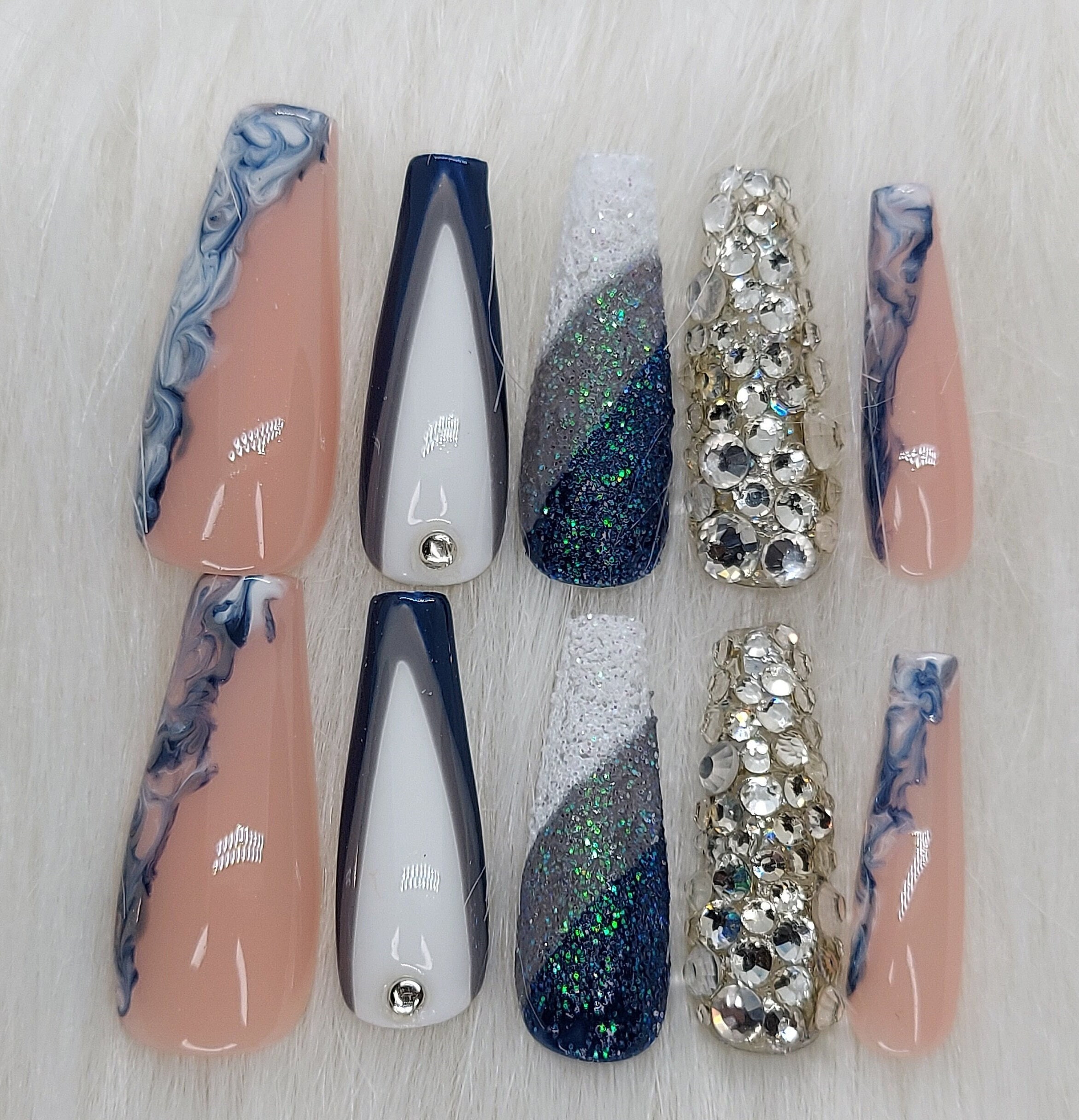 Dallas Cowboys Colors Inspired Football Sugared Marble Rhinestone Nails ...