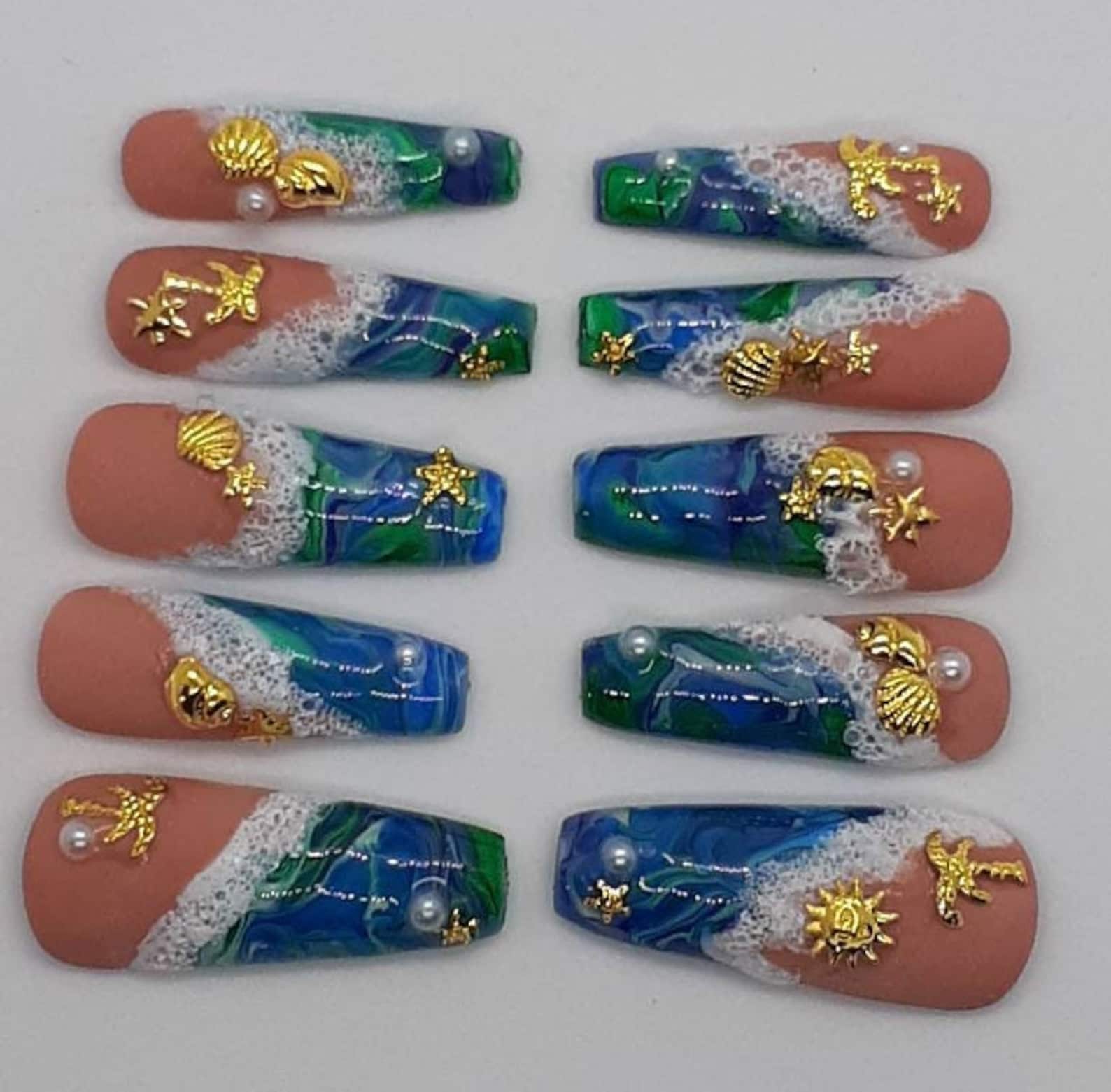 Beach Theme Press on Nails: Sand, Sea, and Gold Charms - Etsy