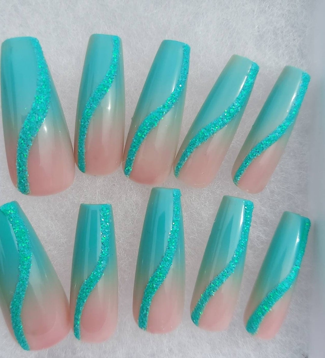 Spring Nails Pastel Color Nails Turquoise Teal Green Press on Nails ...