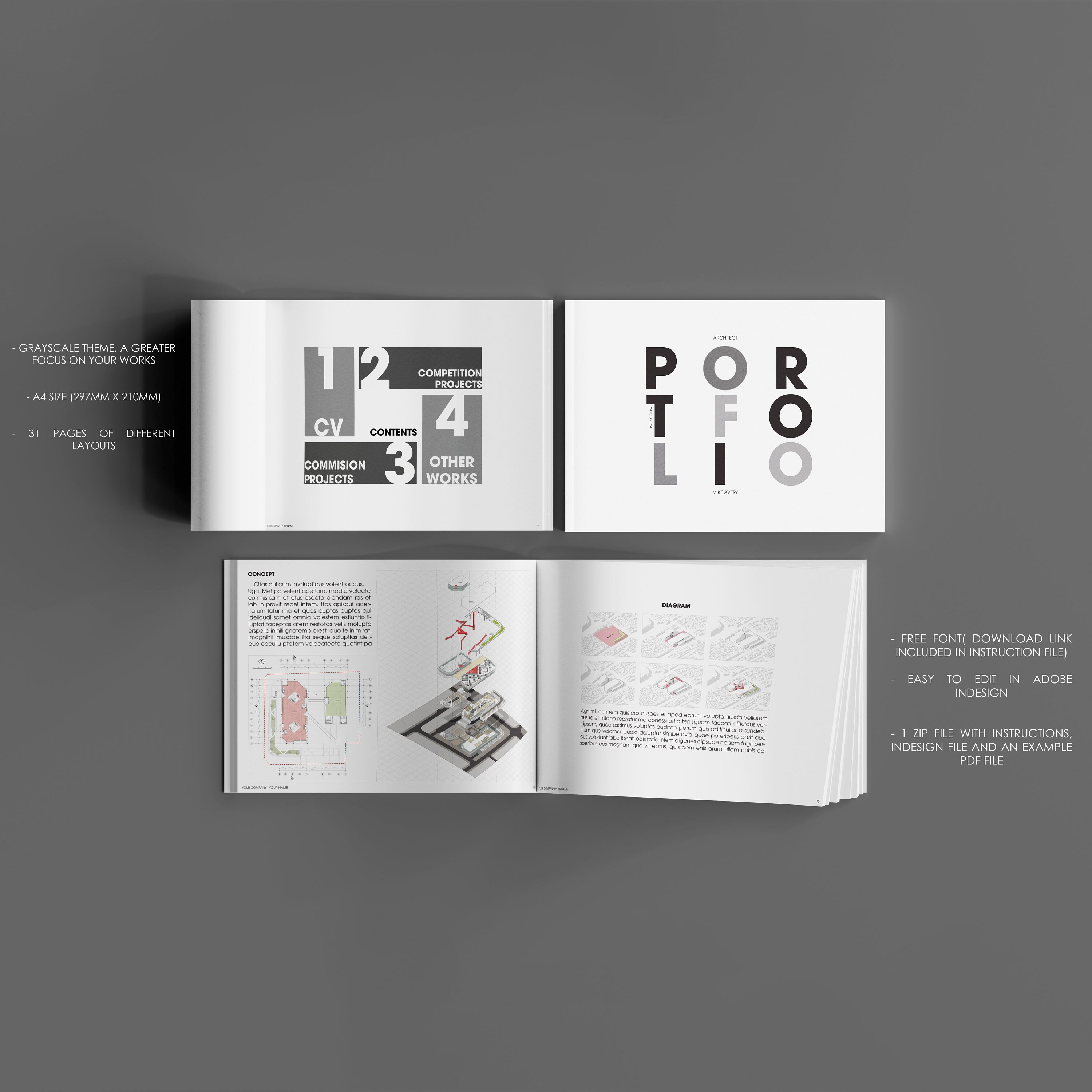 Architecture Portfolio Template: Grayscale Edition Vol.2 (indesign ...
