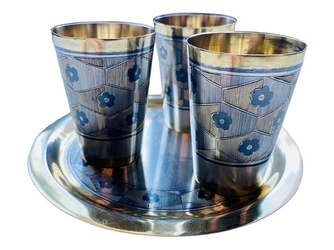 Silver Niello Vintage Russian Vodka Set - 3 Stacks and Tray Total ...