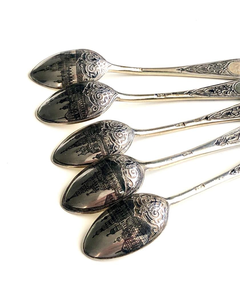 Antique Russian Silver Niello Tea Spoons Set 5szt - Total Weight 91gr ...