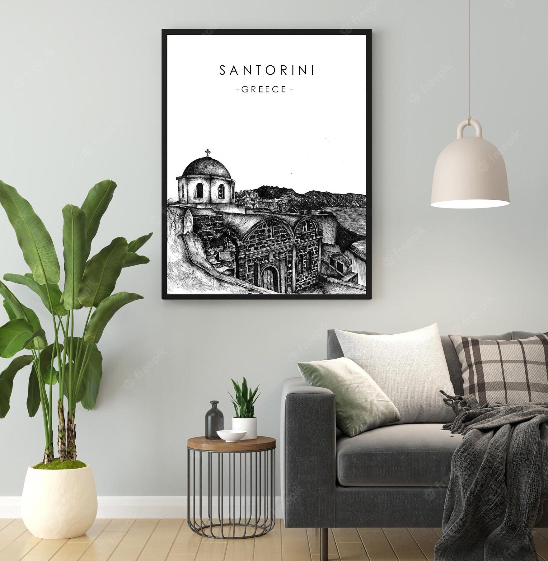 Santorini Digital Download Art Print Travel Poster Handmade Ink Sketch ...