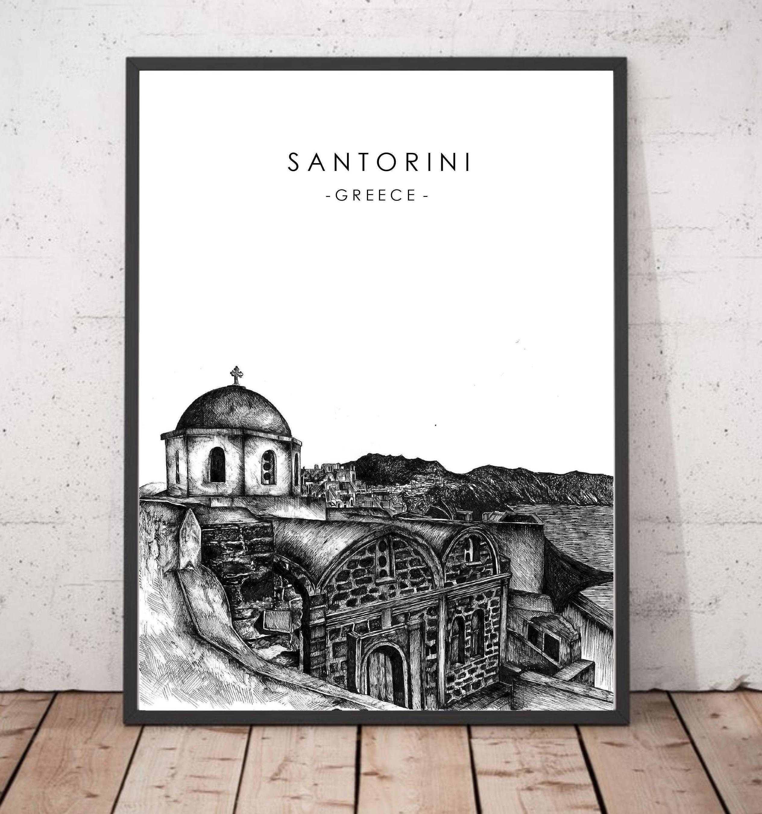 Santorini Digital Download Art Print Travel Poster Handmade Ink Sketch ...