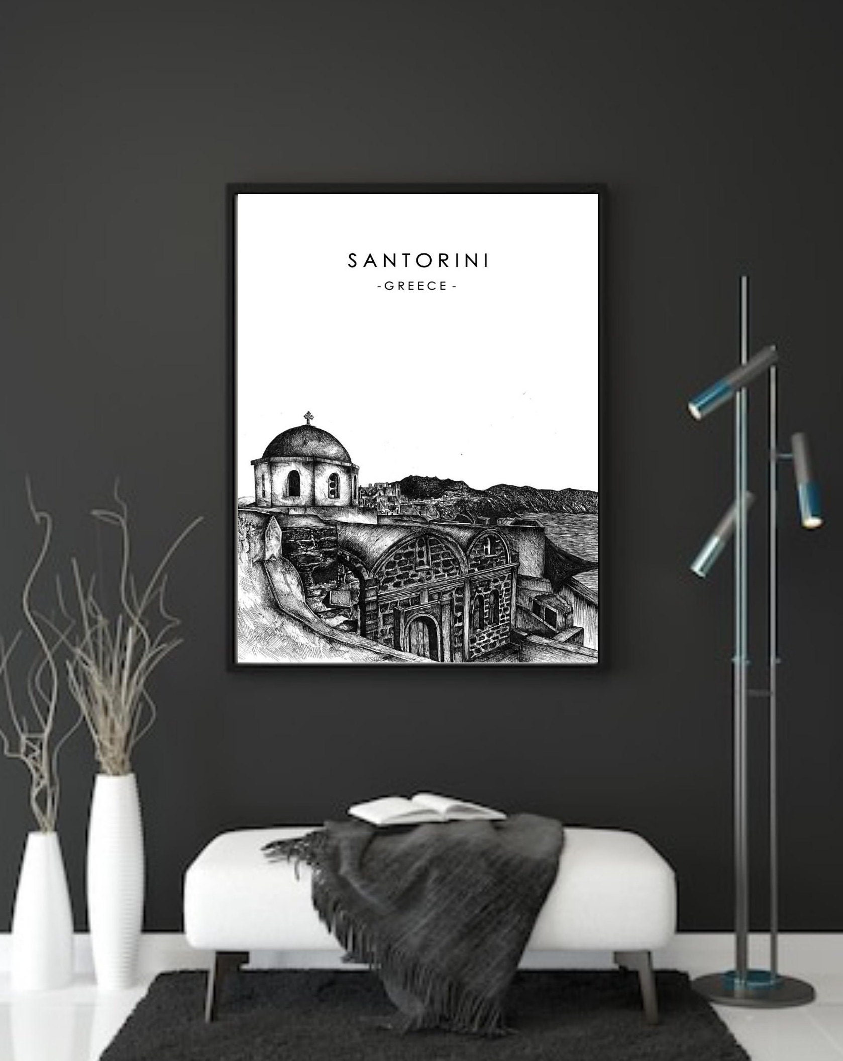 Santorini Digital Download Art Print Travel Poster Handmade Ink Sketch ...