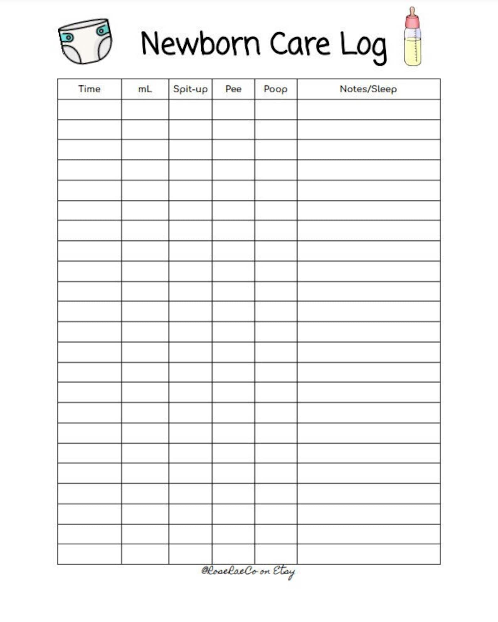 Newborn Care Log Printable Infant Baby Feeding PDF Tracker Milk 8.5x11 ...