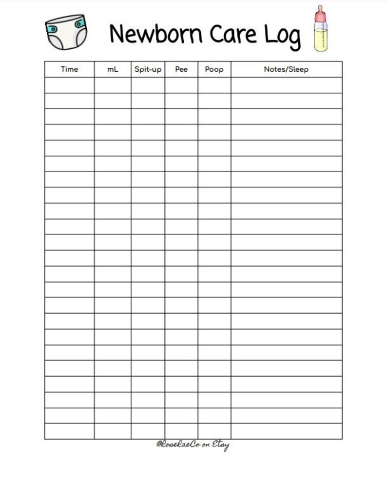 Newborn Care Log Printable Infant Baby Feeding PDF Tracker Milk 8.5x11 ...