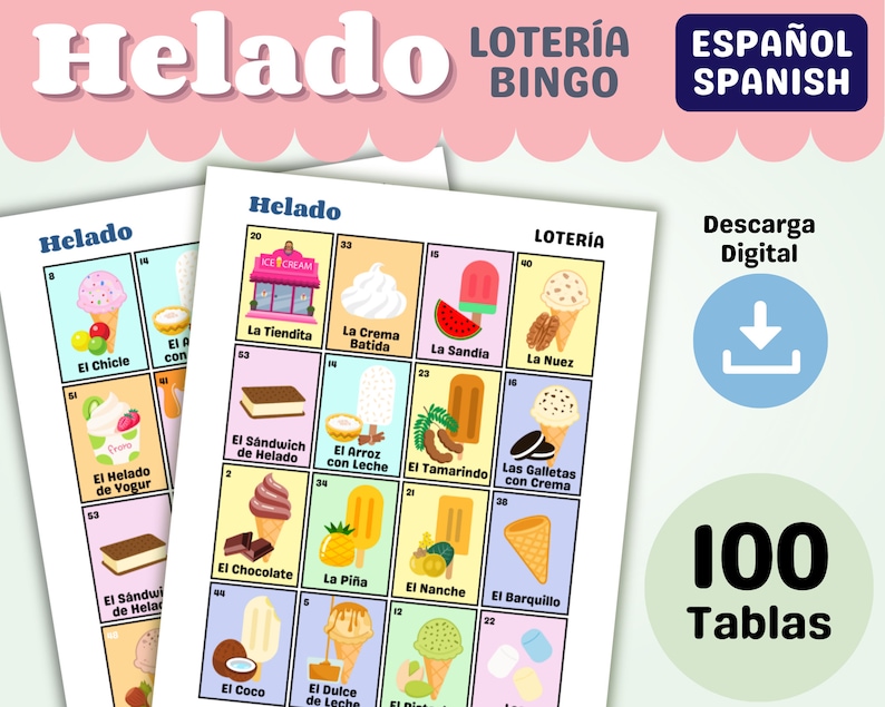 Helado Lotería En Español 100 Tablas Ice Cream Bingo in Spanish With ...