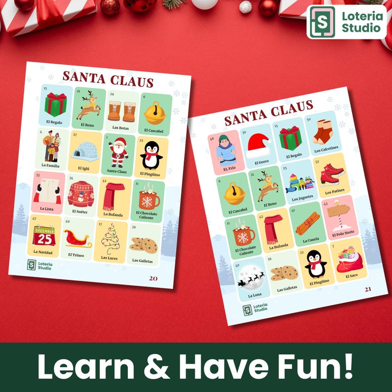 Santa Claus Loteria español 55 Tablas Christmas Loteria Posada Navidad ...
