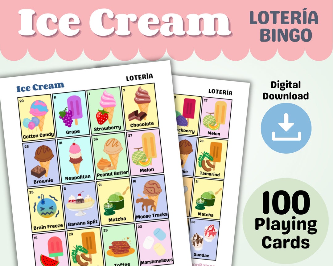 Ice Cream Bingo 100 Unique Playing Cards. Printable Digital Download ...