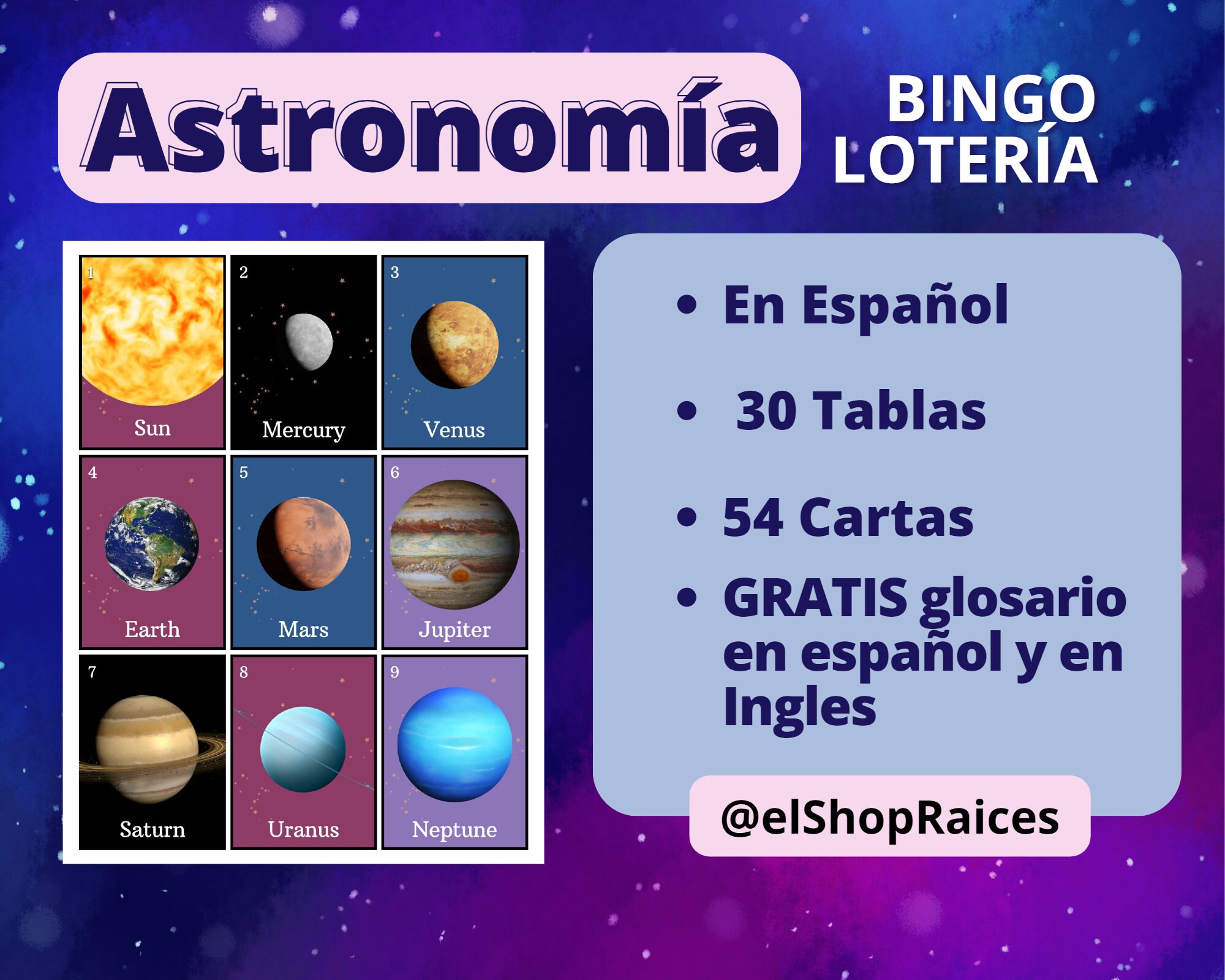 Astronomia Loteria En Español 30 Tablas Astronomy Bingo in Spanish ...