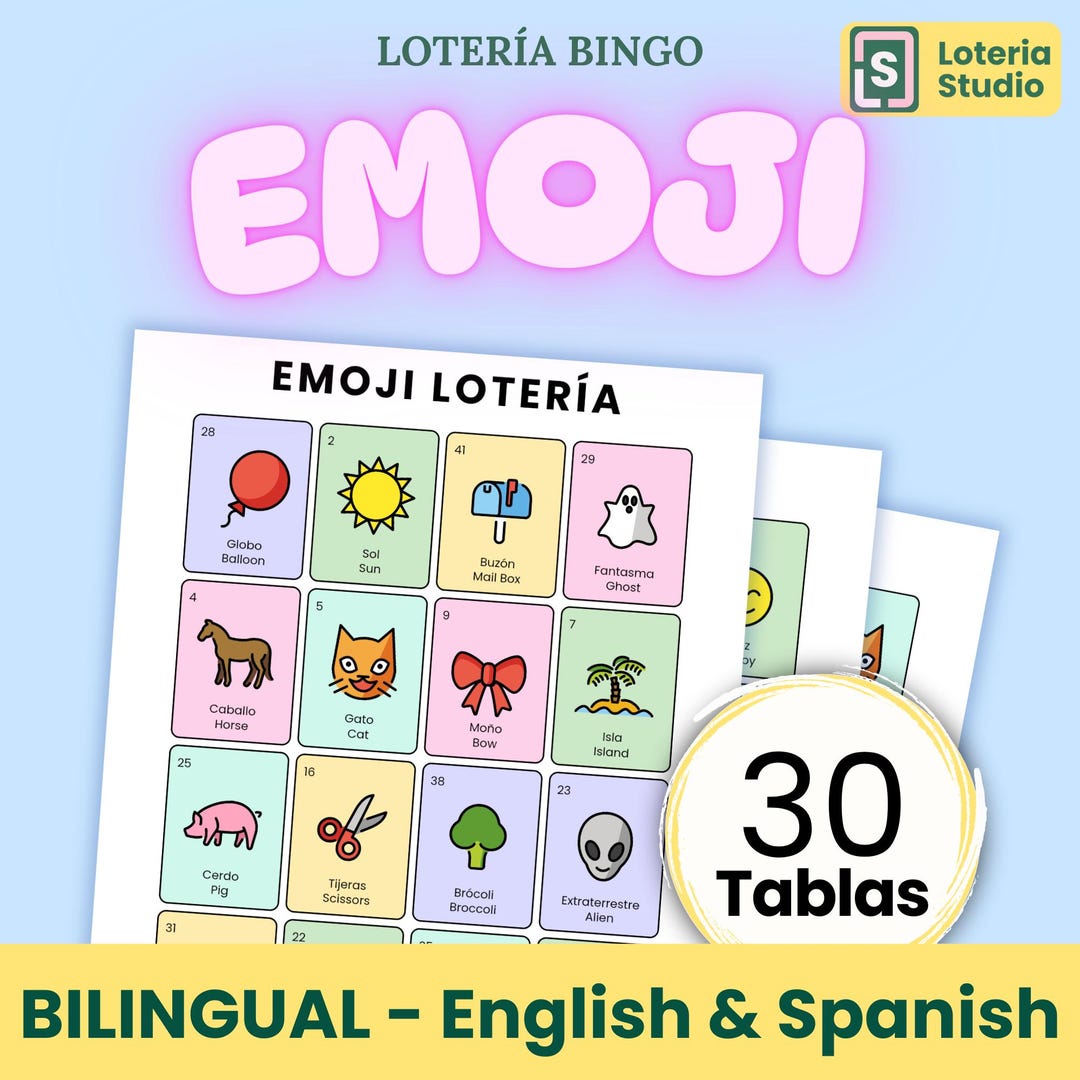 30 Emoji Lotería - Bilingual Spanish & English Bingo Game | Printable ...