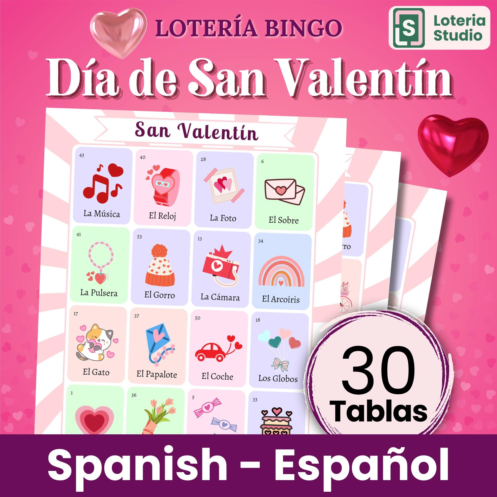 Día De San Valentín Loteria 30 Tablas Español Familia Game Bingo Juego ...