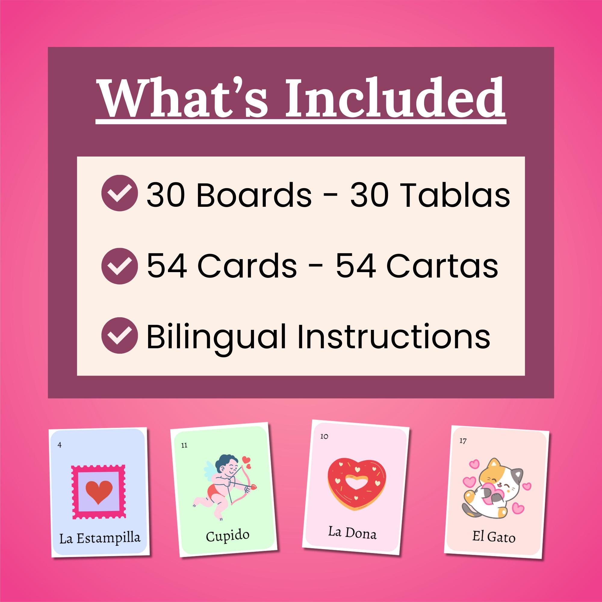 Día De San Valentín Loteria 30 Tablas Español Familia Game Bingo Juego ...