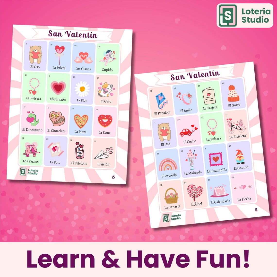 Día De San Valentín Loteria 15 Tablas Español Familia Game Bingo Juego ...