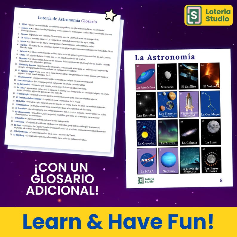 Astronomia Loteria En Español - 55 Tablas - Astronomy Bingo in Spanish ...
