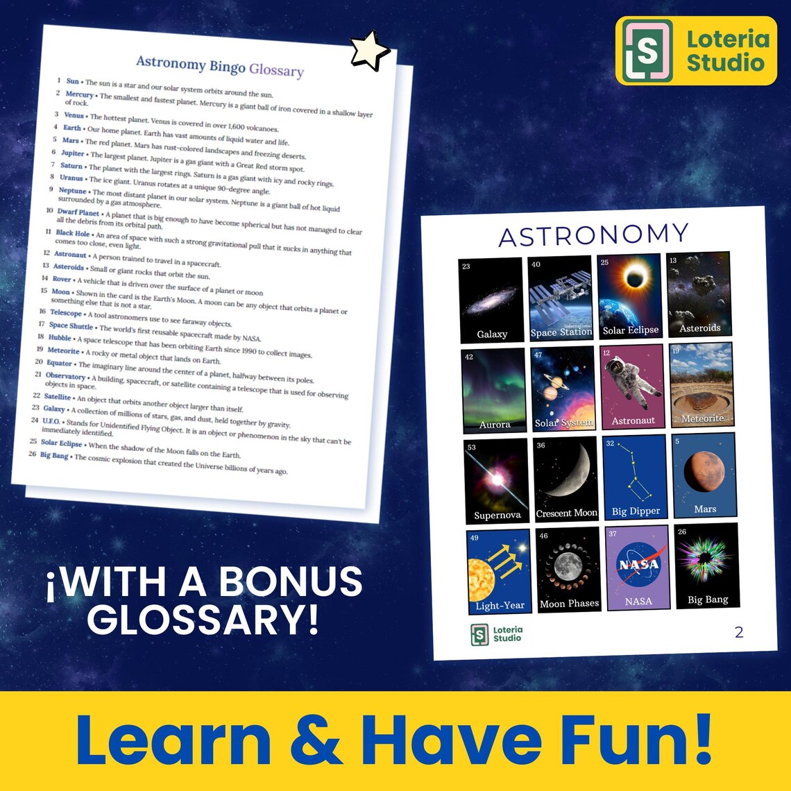 Astronomy Bingo - 55 Playing Cards - Planet Outer Space Loteria Party ...