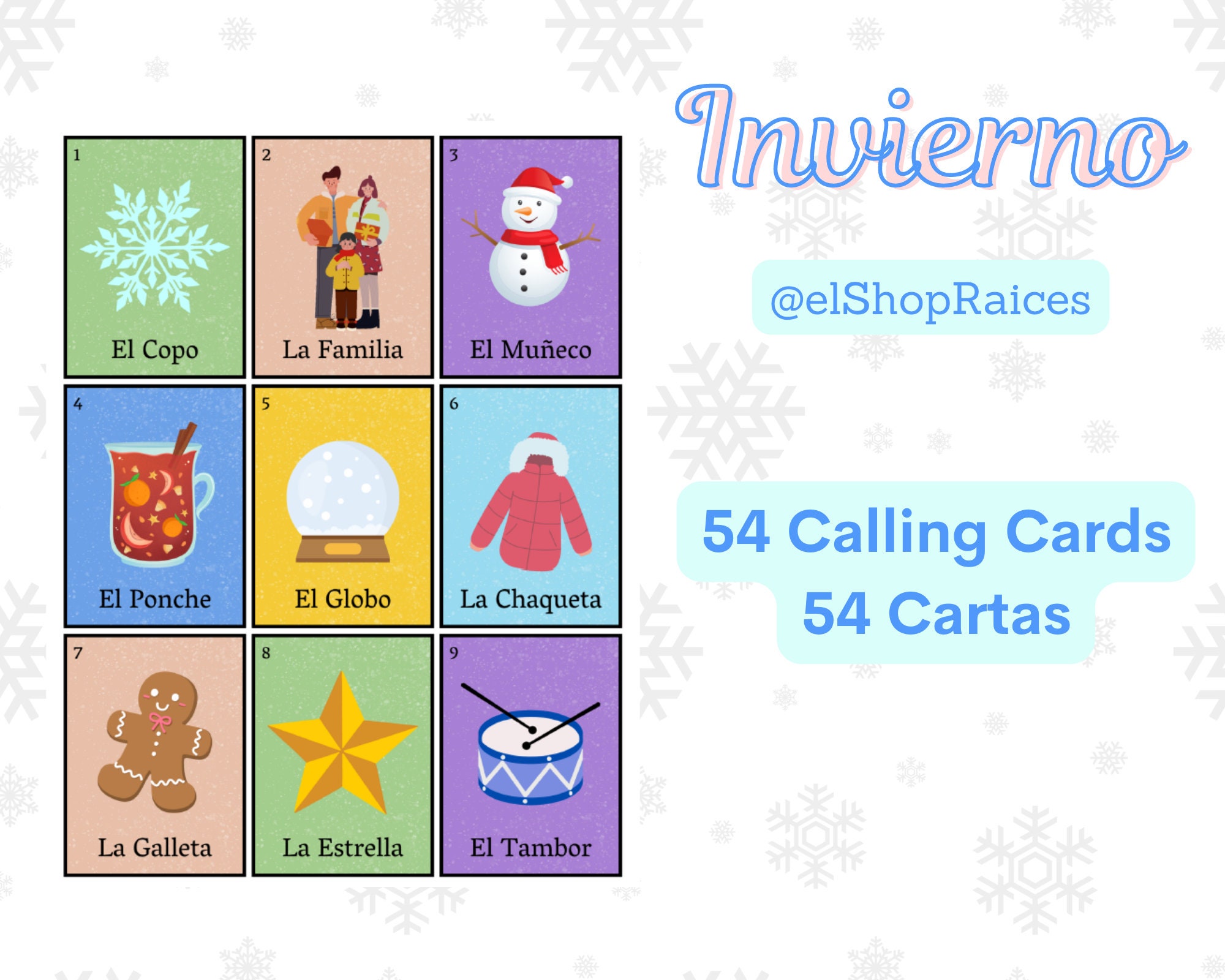 Invierno Loteria Español 15 Tablas Loteria Mexico Familia Game Bingo ...