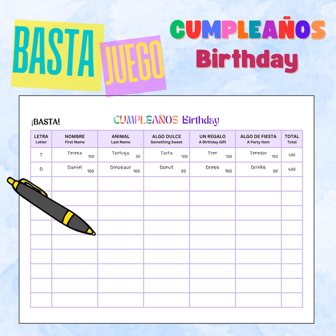 Basta Cumpleaños - Printable Birthday Edition of the Classic Basta Game ...