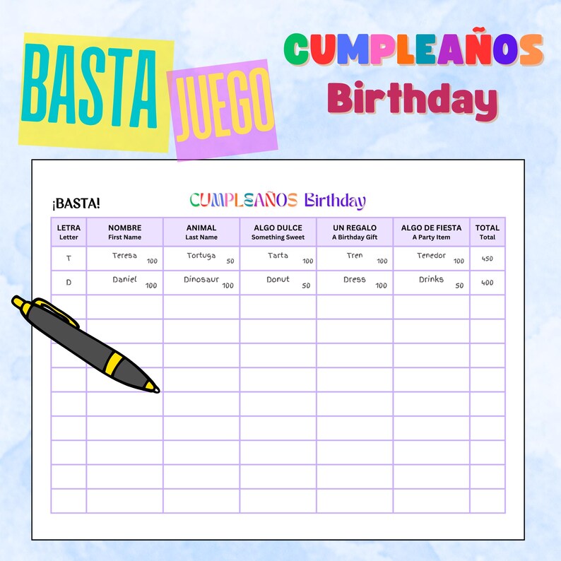 Basta Cumpleaños - Printable Birthday Edition of the Classic Basta Game ...