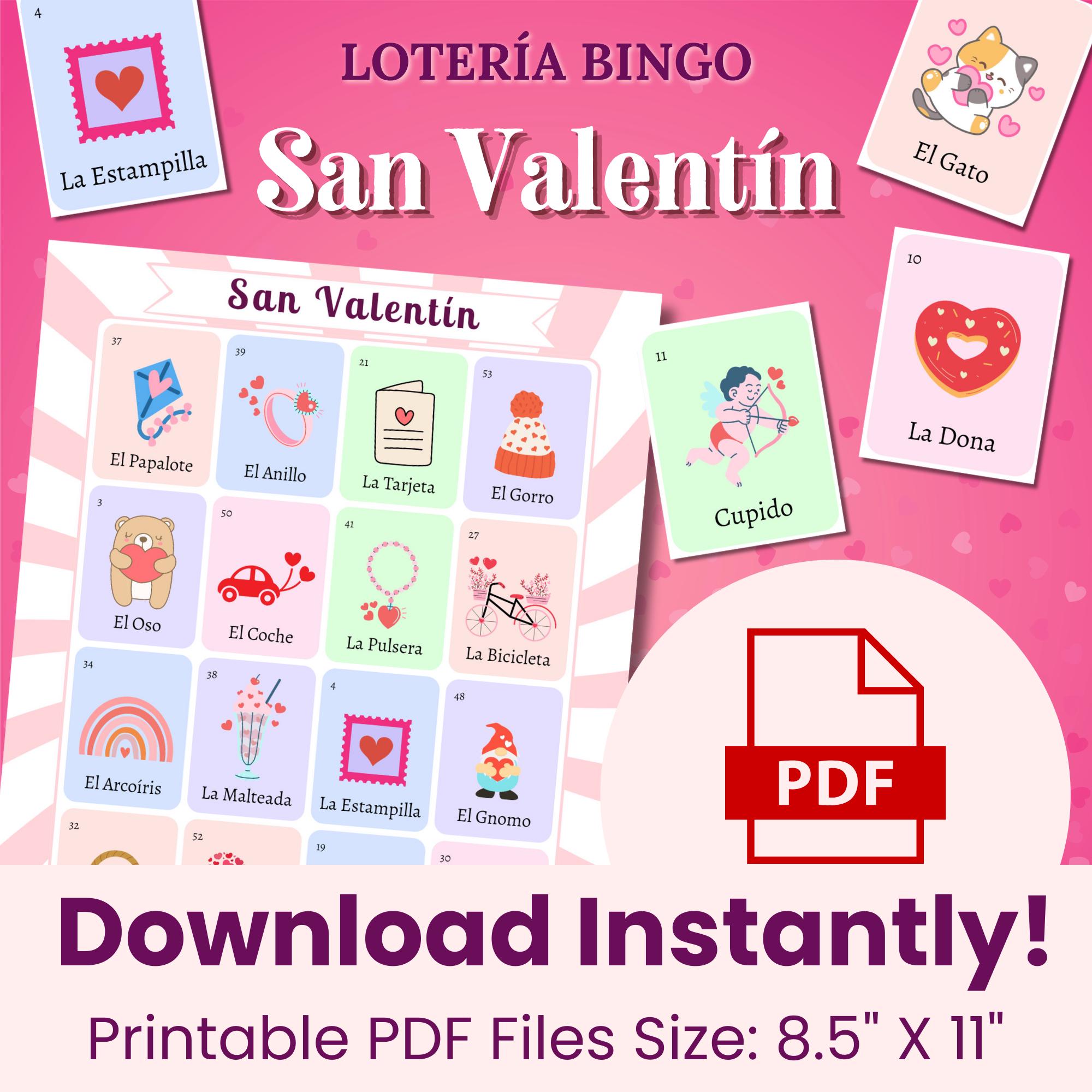 Día De San Valentín Loteria 15 Tablas Español Familia Game Bingo Juego ...