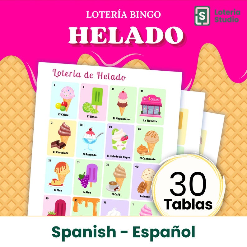 Helado Lotería En Español - 30 Tablas - Ice Cream Bingo in Spanish With ...