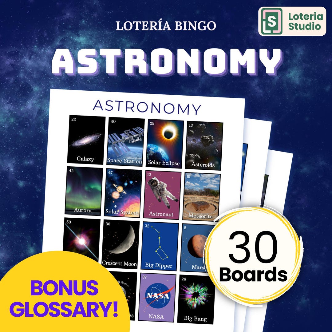 Astronomy Bingo - 30 Playing Cards - Planet Outer Space Loteria Party ...