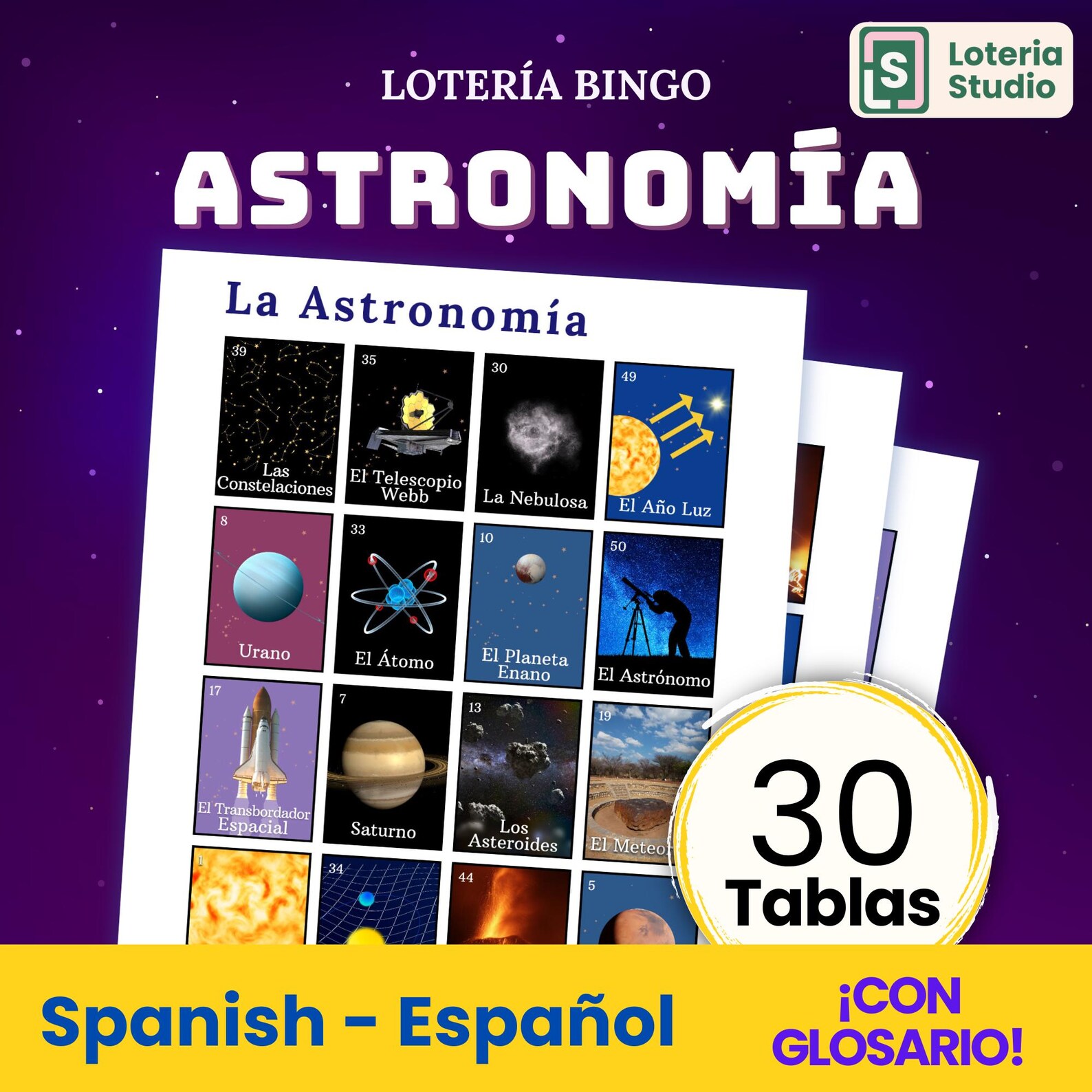 Astronomia Loteria En Español - 30 Tablas - Astronomy Bingo in Spanish ...
