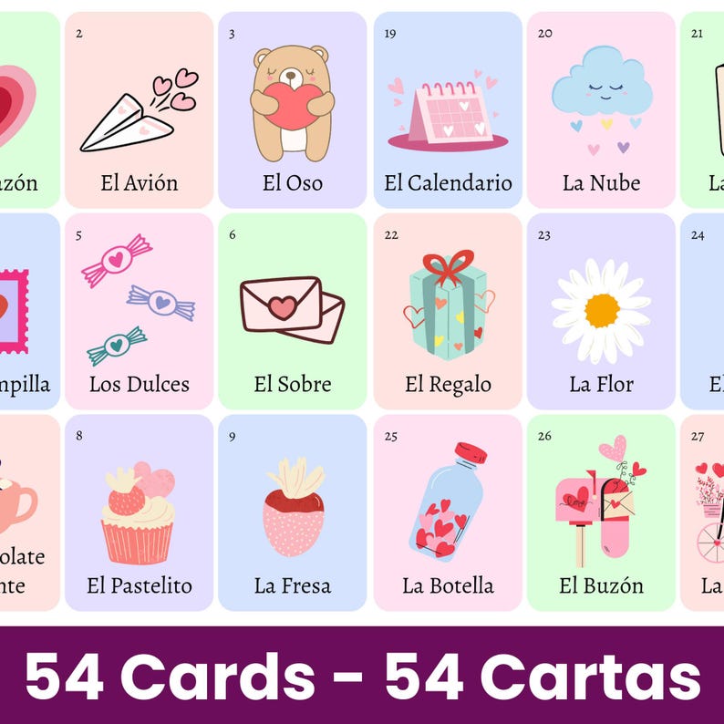 Día De San Valentín Loteria 30 Tablas Español Familia Game Bingo Juego ...