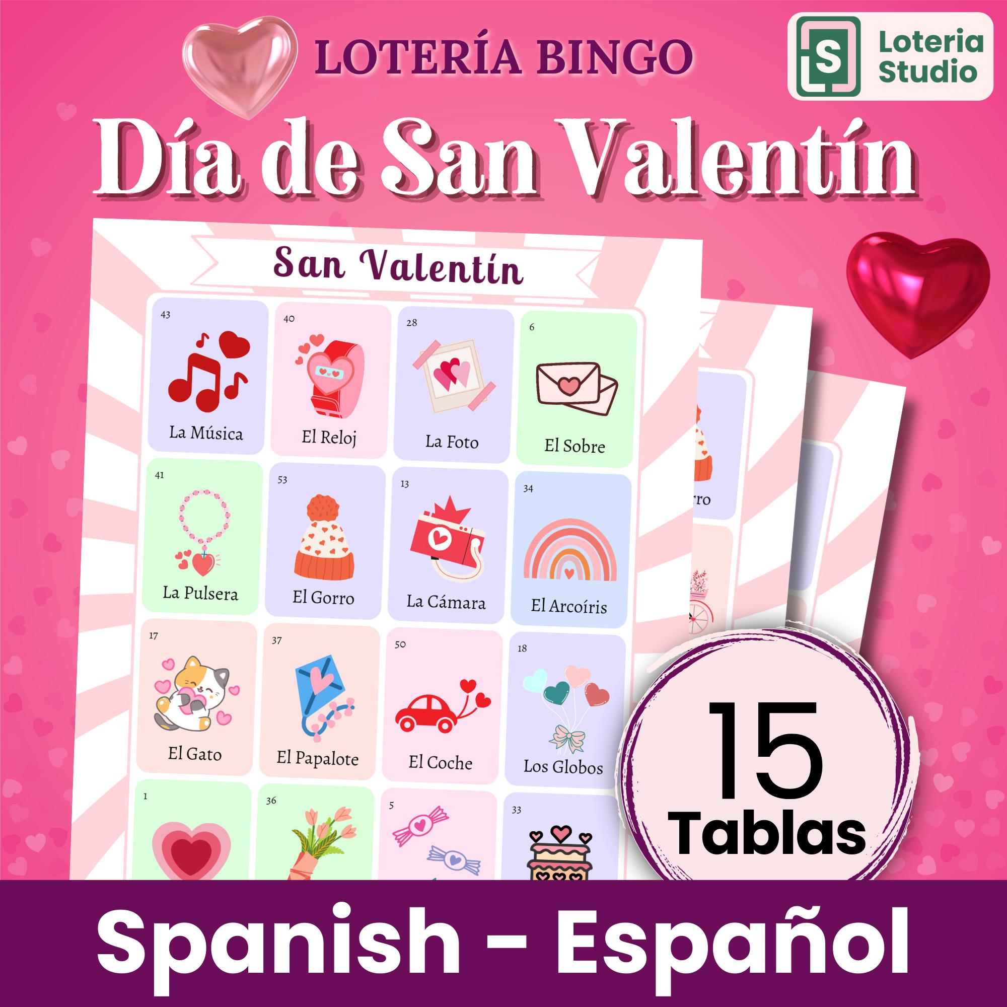 Día De San Valentín Loteria 15 Tablas Español Familia Game Bingo Juego ...