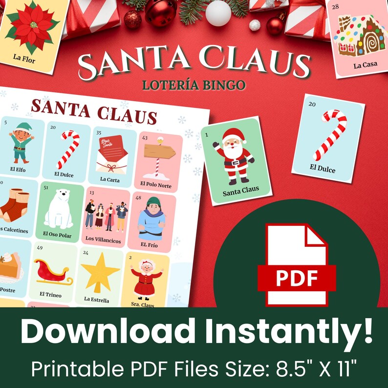 Santa Claus Loteria español 55 Tablas Christmas Loteria Posada Navidad ...