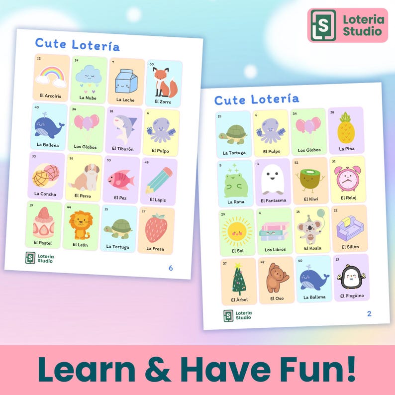 Cute Loteria Español 55 Tablas Kawaii Linda Loteria Modern Loteria ...