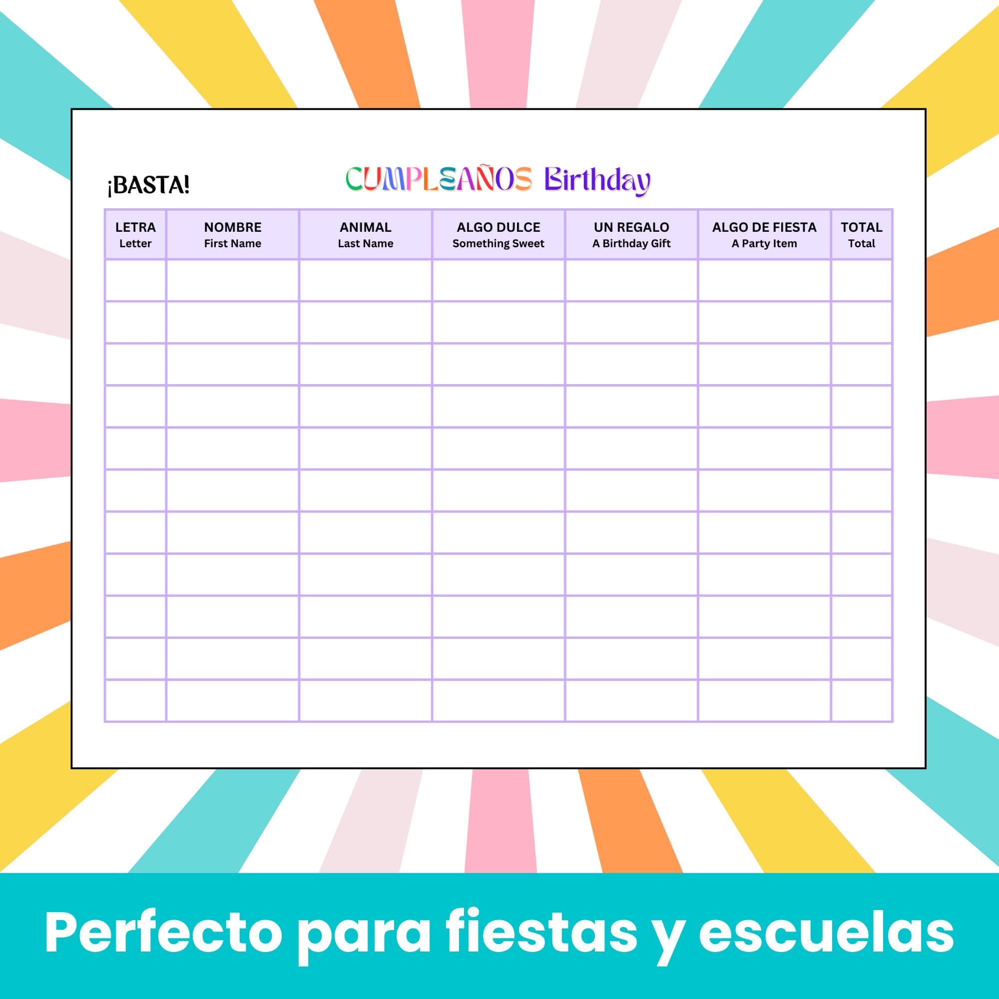 Basta Cumpleaños - Printable Birthday Edition of the Classic Basta Game ...