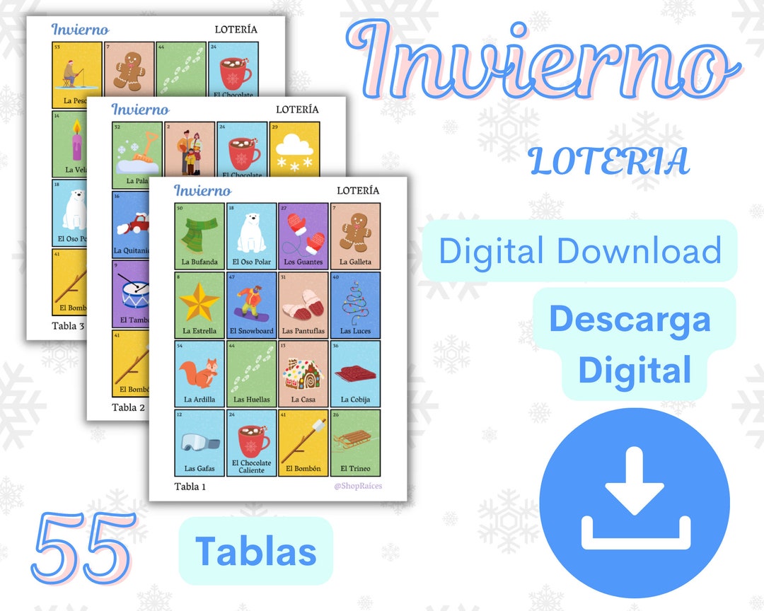 Invierno Loteria Español 55 Tablas Loteria Mexico Familia Game Bingo ...