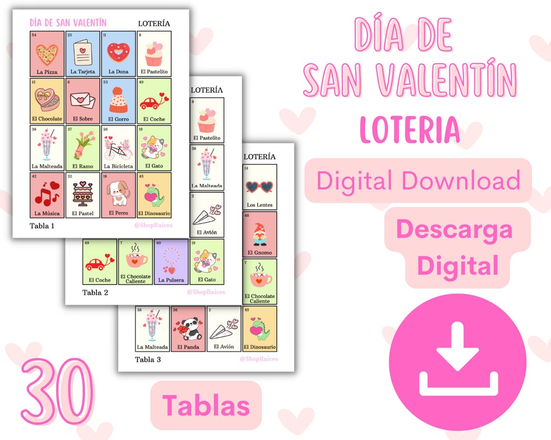 Día De San Valentín Loteria 30 Tablas Español Familia Game - Etsy