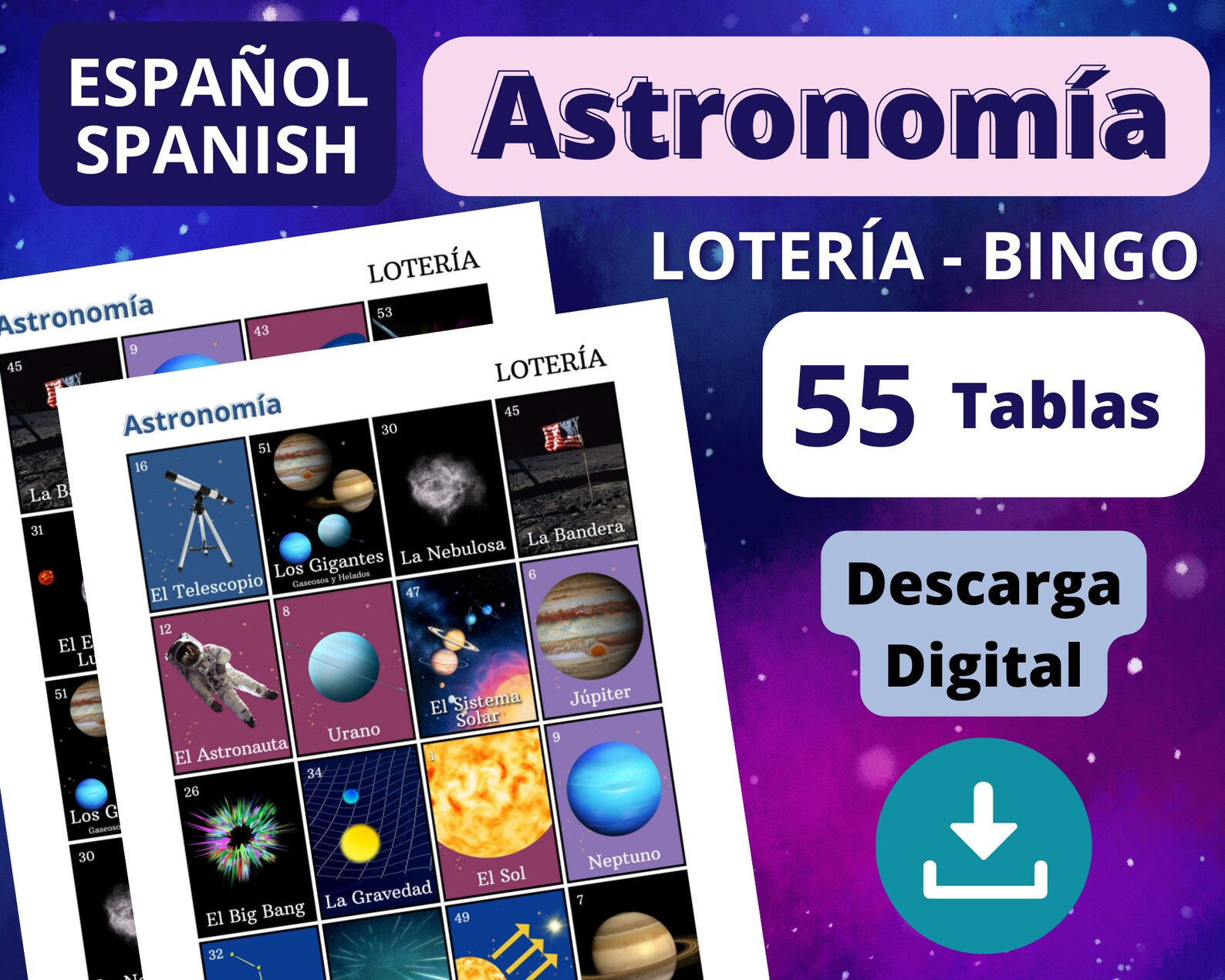 Astronomia Loteria En Español - 55 Tablas - Astronomy Bingo in Spanish ...
