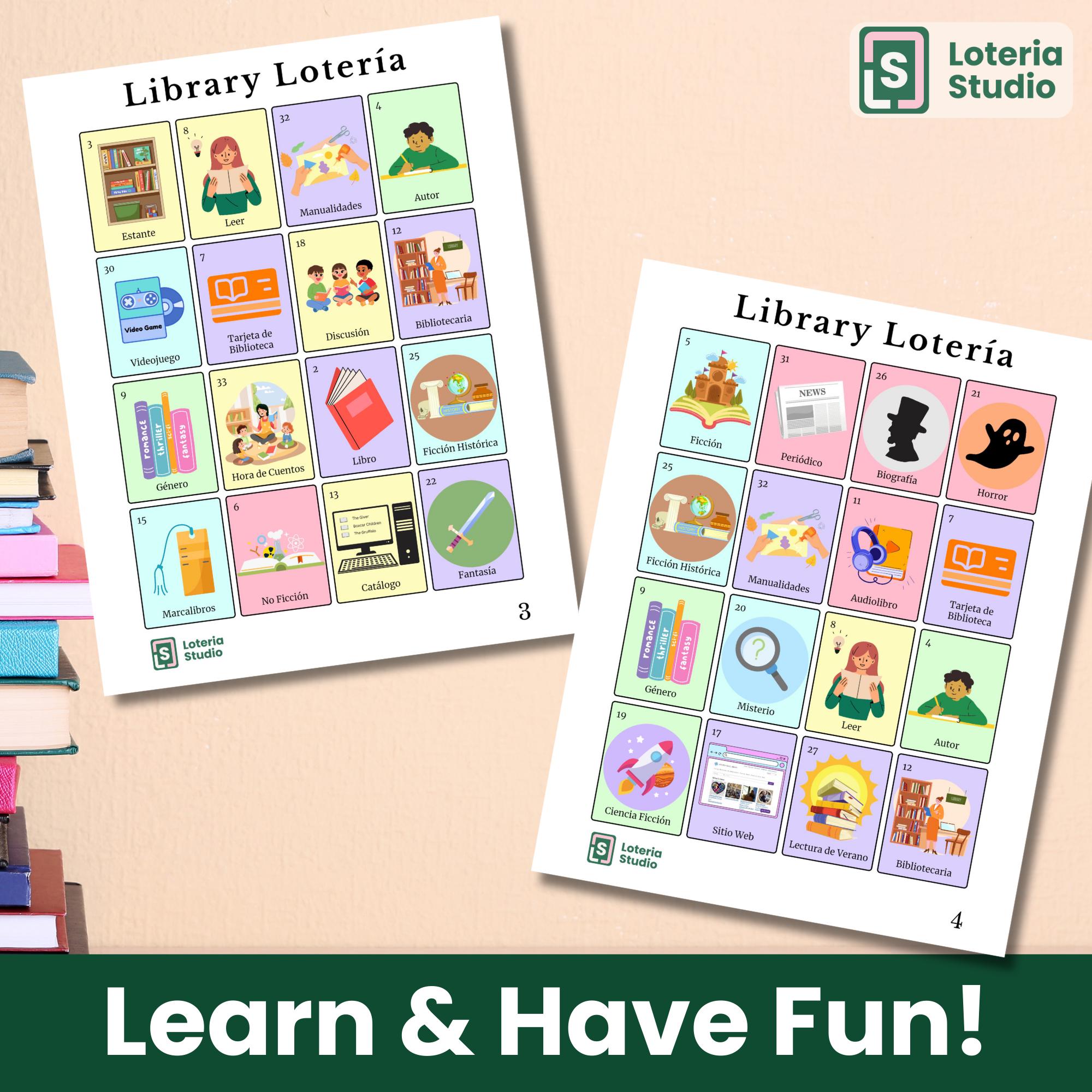 Biblioteca Español 55 Tablas - Loteria Bingo Library Activity Spanish ...
