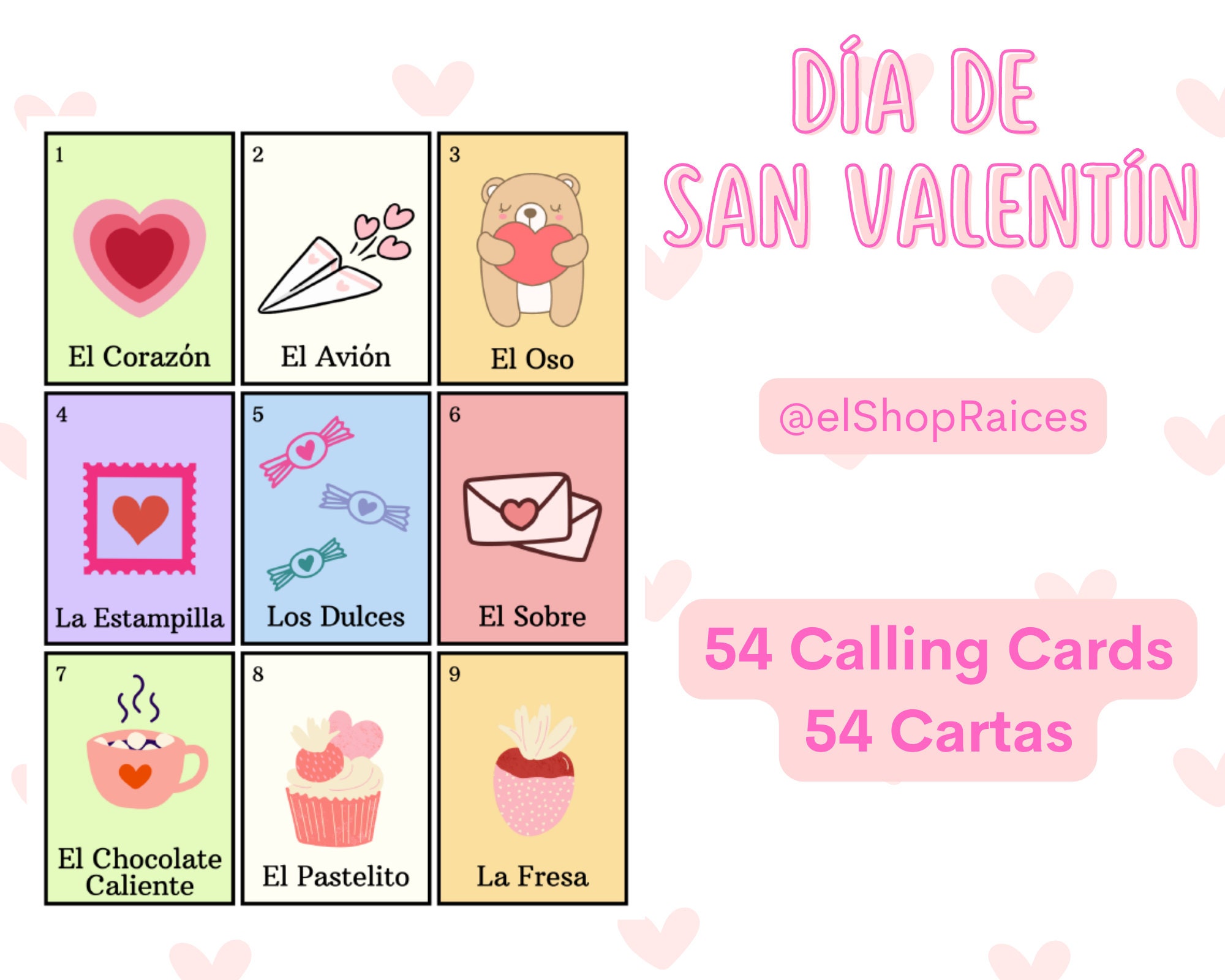 Día De San Valentín Loteria 30 Tablas Español Familia Game Bingo Juego ...