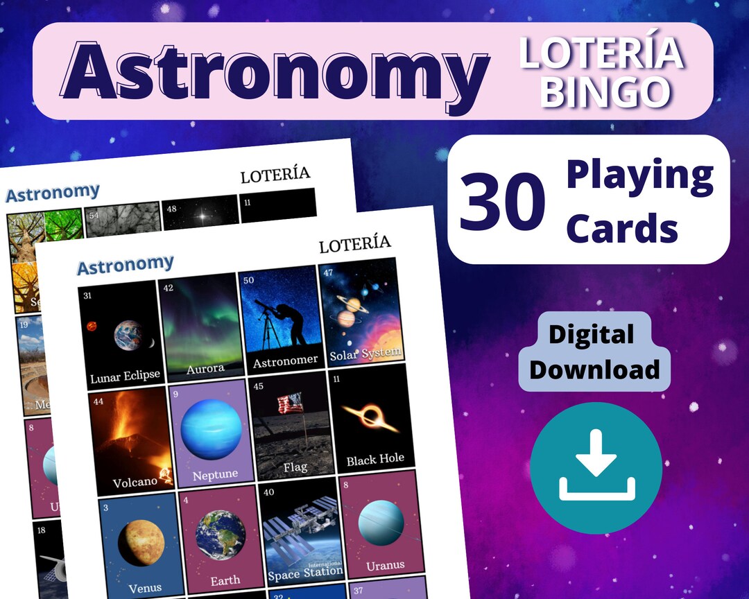 Astronomy Bingo - 30 Playing Cards - Planet Outer Space Loteria Party ...