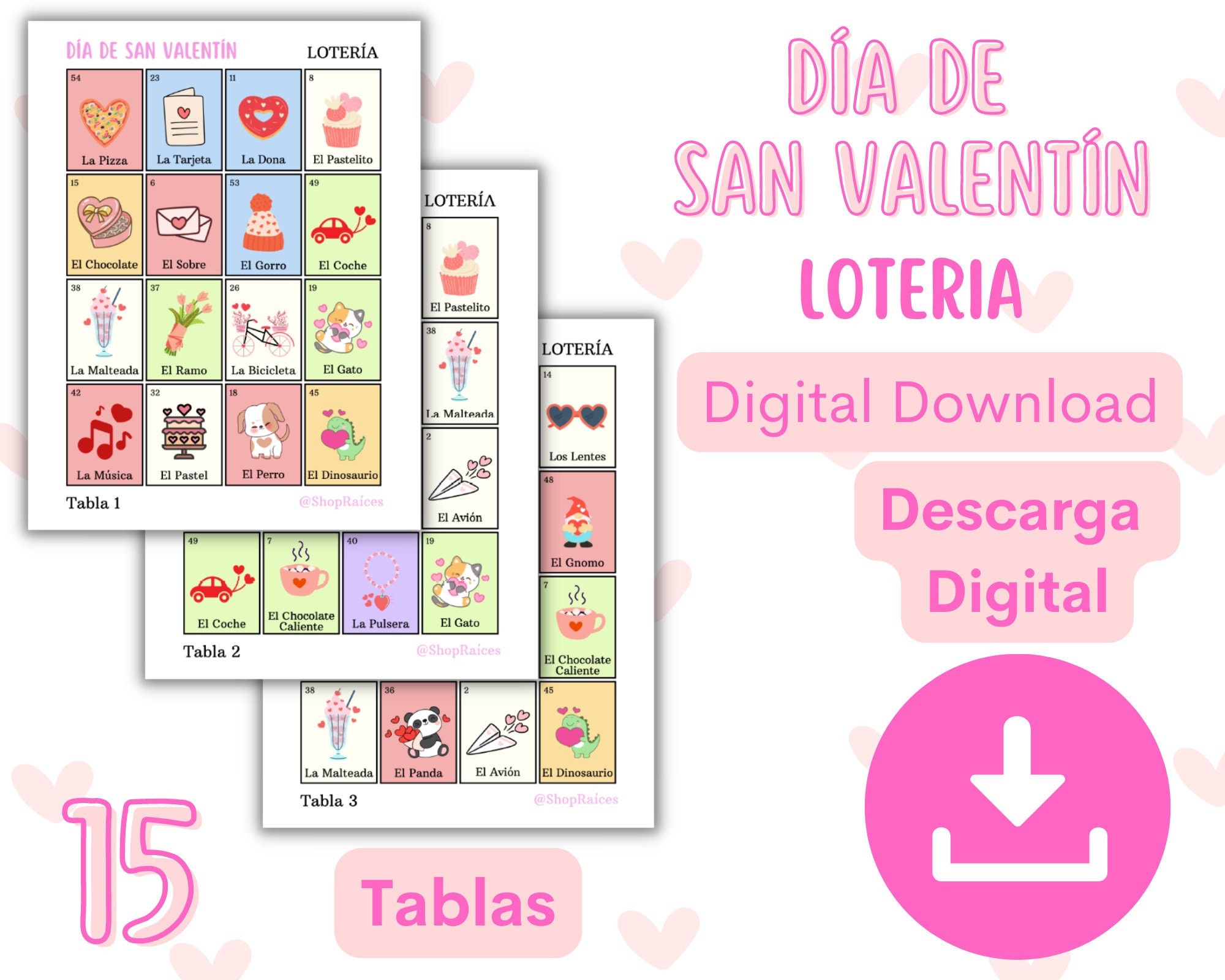 Día De San Valentín Loteria 15 Tablas Español Familia Game Bingo Juego ...