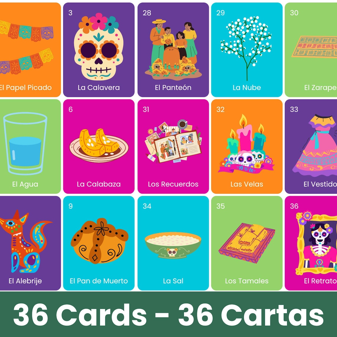 Dia De Los Muertos Loteria Español 55 Tablas - Day of the Dead Loteria ...