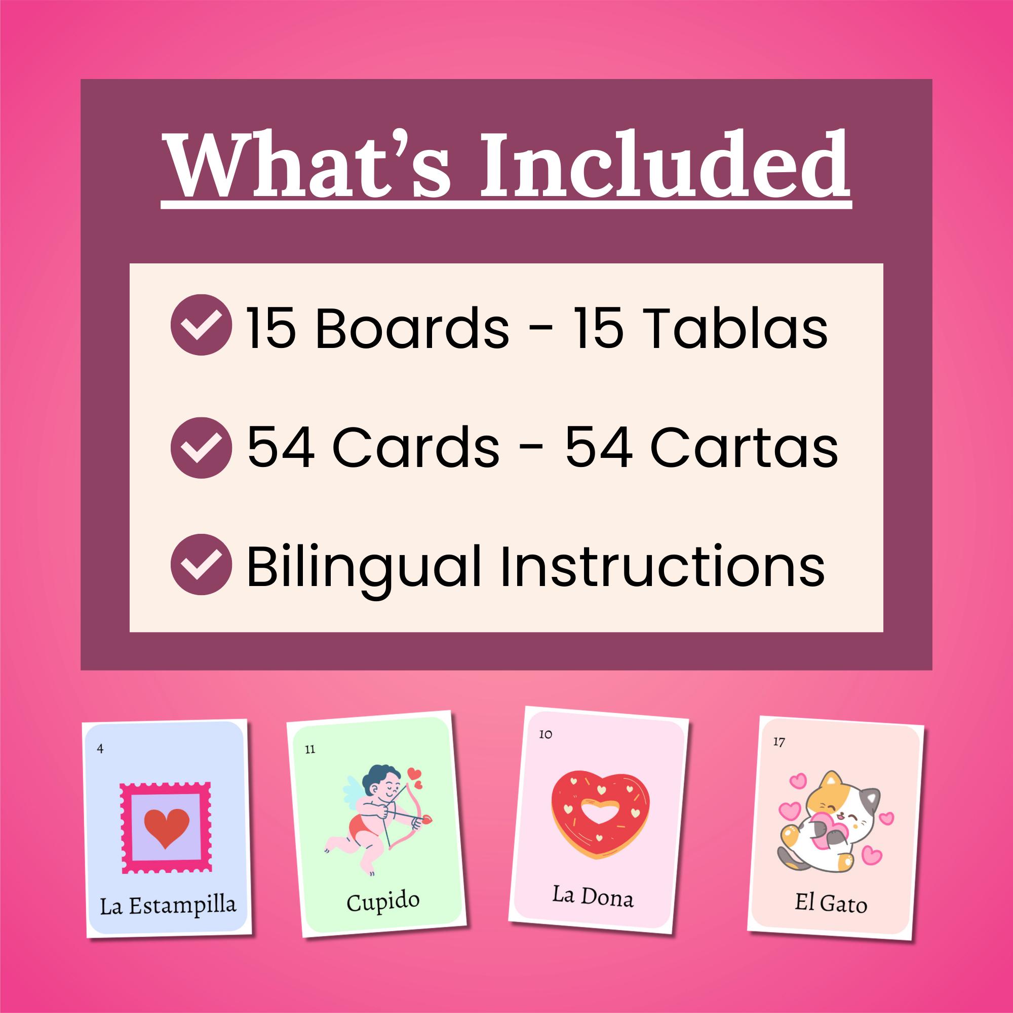 Día De San Valentín Loteria 15 Tablas Español Familia Game Bingo Juego ...