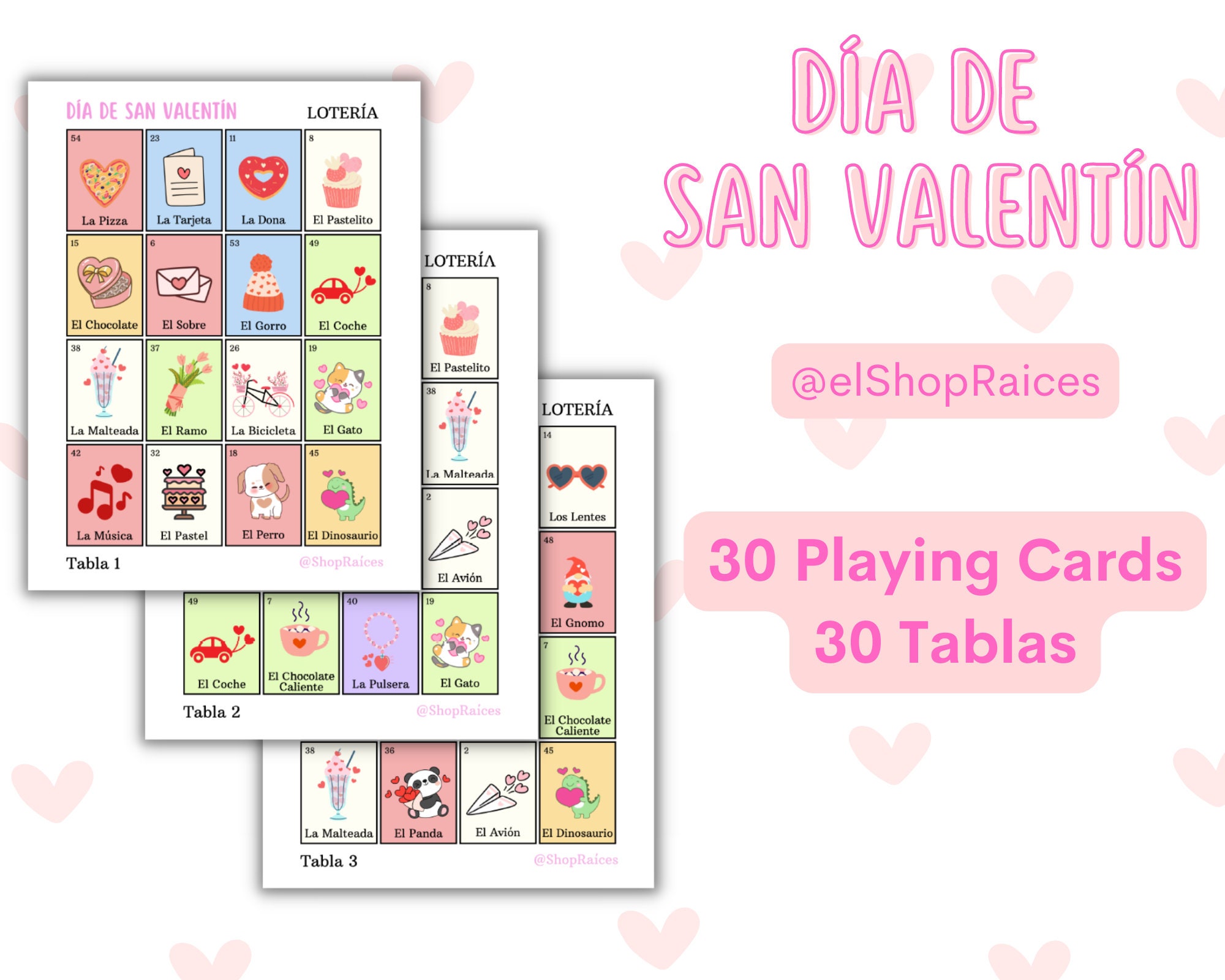Día De San Valentín Loteria 30 Tablas Español Familia Game Bingo Juego ...