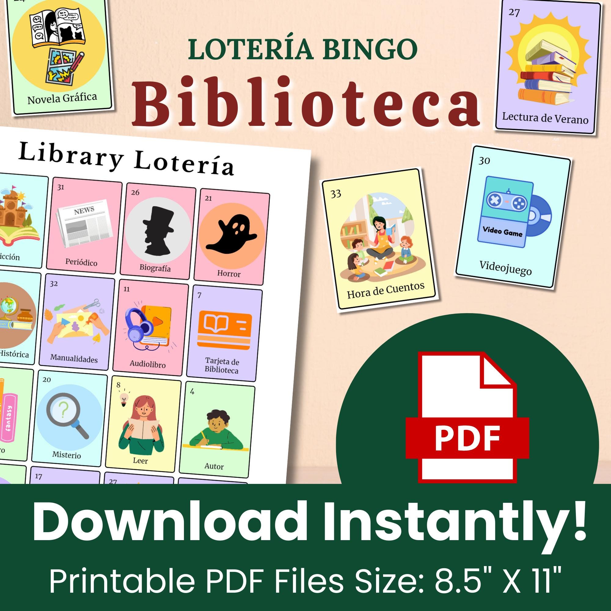 Biblioteca Español 55 Tablas - Loteria Bingo Library Activity Spanish ...