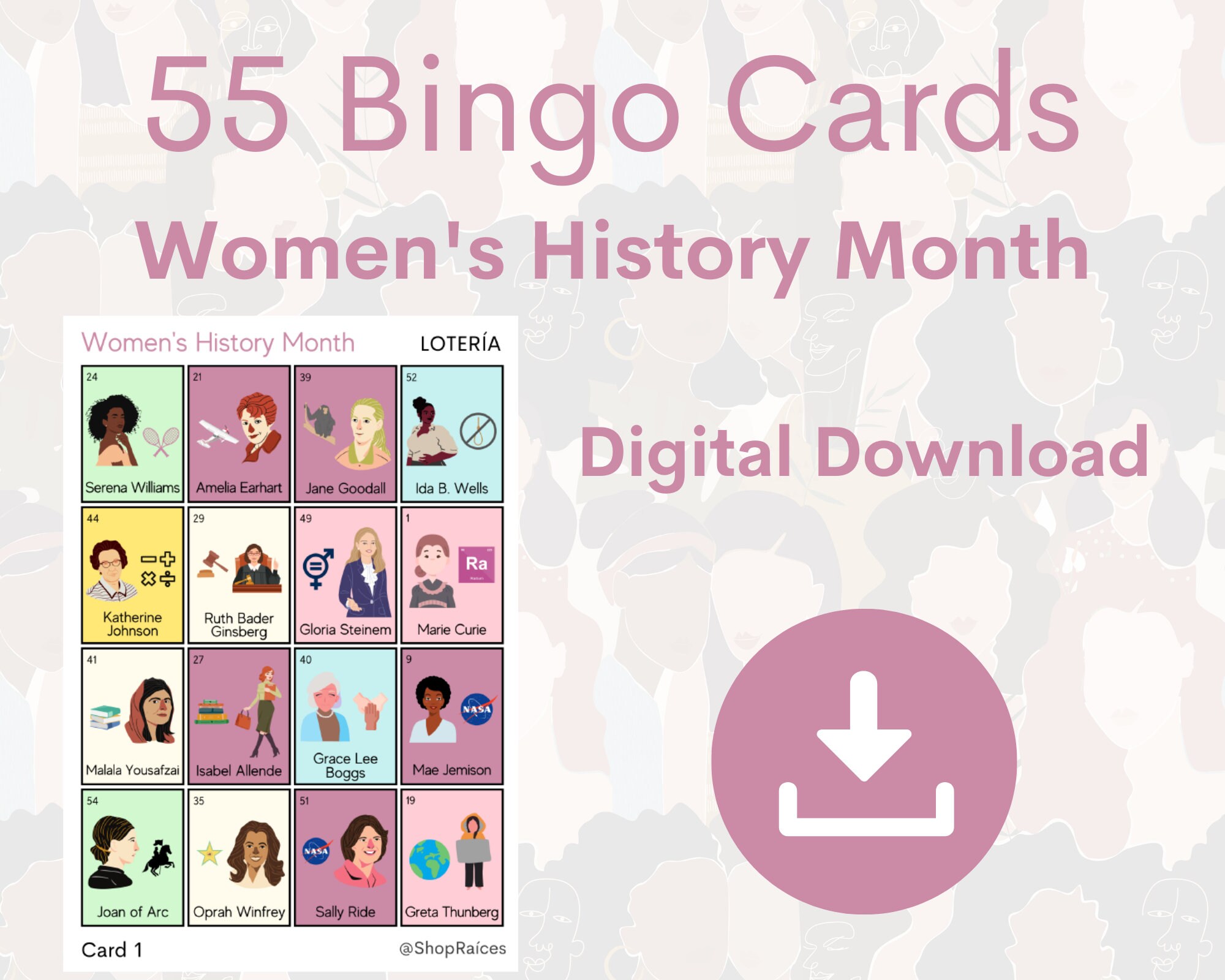 55 Card Women's History Month Bingo Loteria International Women's Day ...