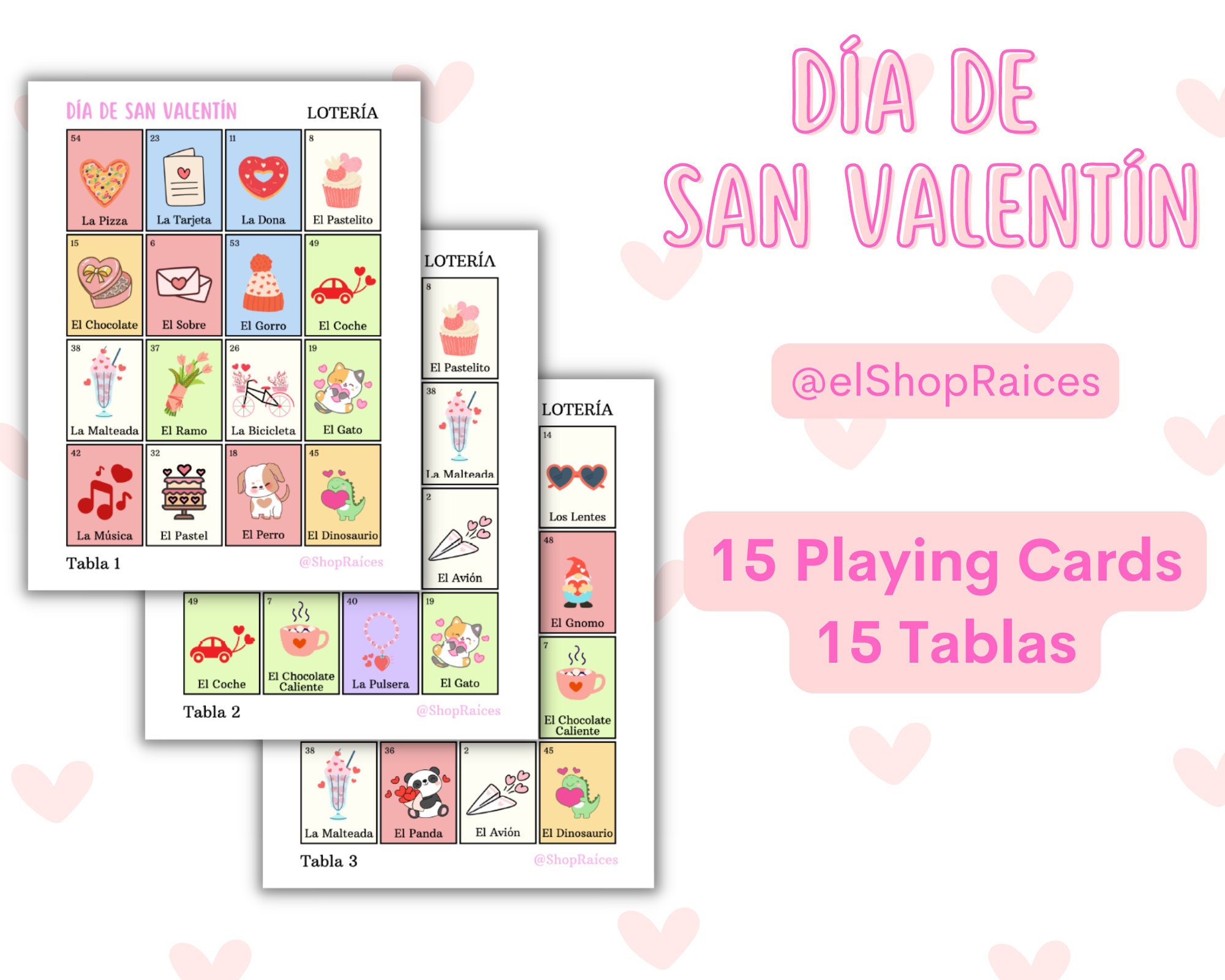 Día De San Valentín Loteria 15 Tablas Español Familia Game Bingo Juego ...