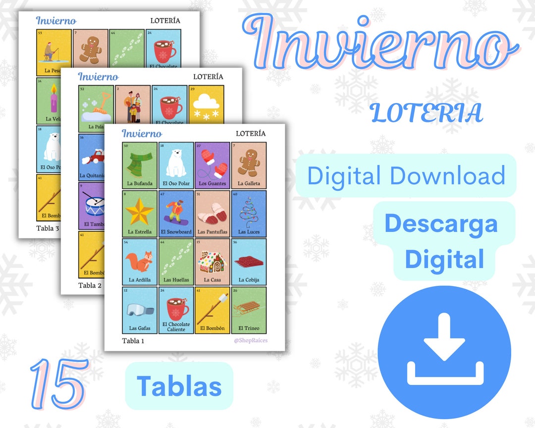 Invierno Loteria Español 15 Tablas Loteria Mexico Familia Game Bingo ...