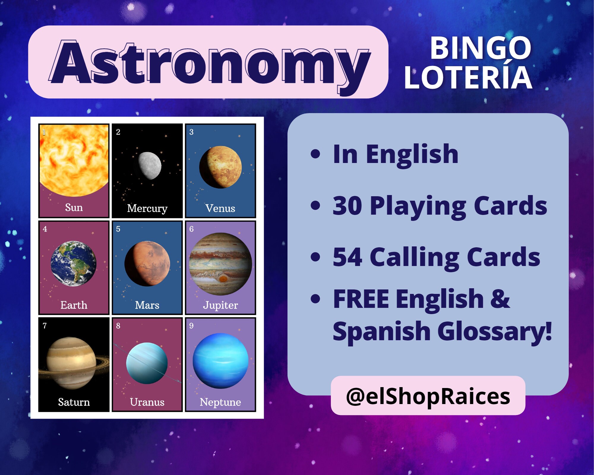 Astronomy Bingo 30 Playing Cards Planet Outer Space Loteria Party Game ...