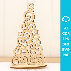 Christmas Tree Svg Laser Cut, Curly Star Swirl Design, Wood Decor Dxf ...