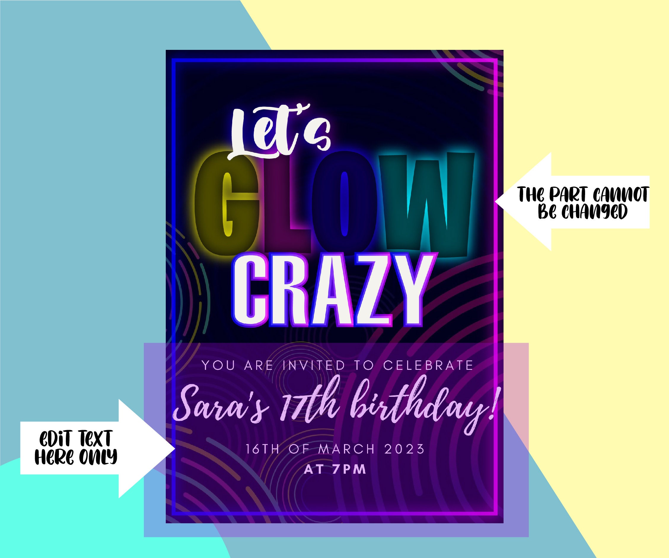 Editable Glow Invitationdigital Birthday Invitationglow - Etsy